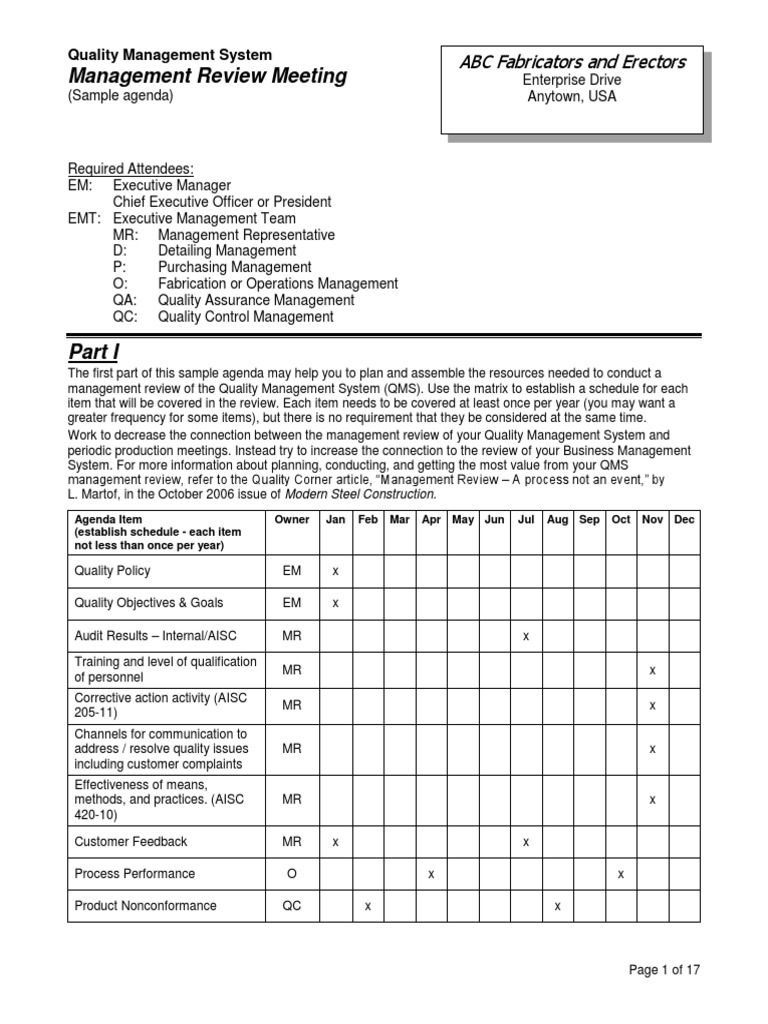 Quality Management Review Meeting Agenda | PDF | Quality Management ...