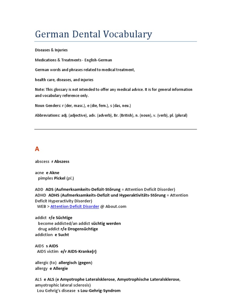 German Medical Vocabulary | PDF | Influenza | Attention Deficit ...