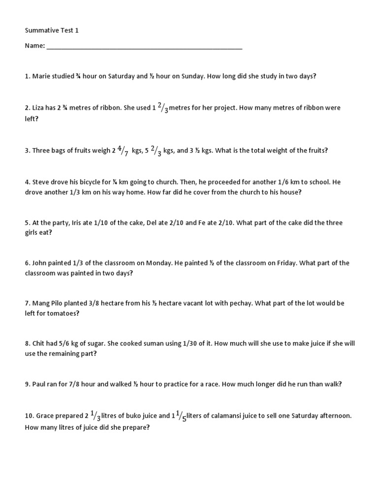 Summative Test 1: Solving Fractions, Decimals, and Word Problems | PDF ...