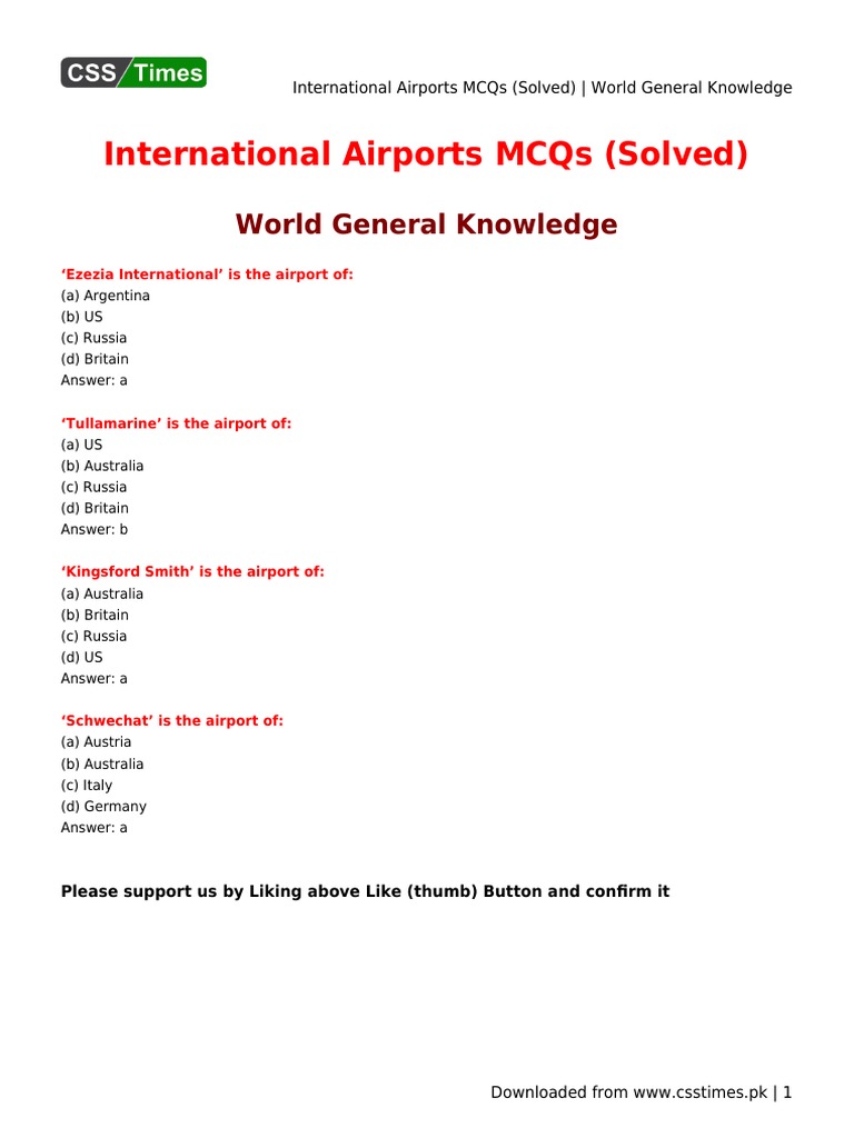 International Airport GK MCQs | PDF | Aviation | Transport Infrastructure