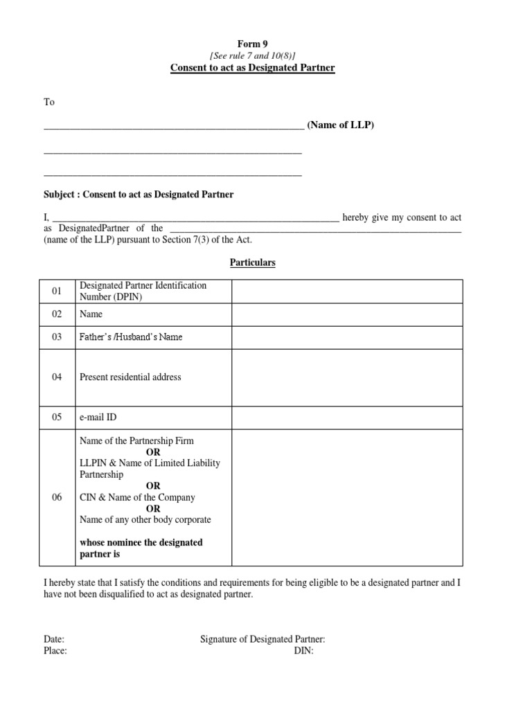 FORM 9 Consent To Act As Designated Partner of LLP | PDF | Limited ...
