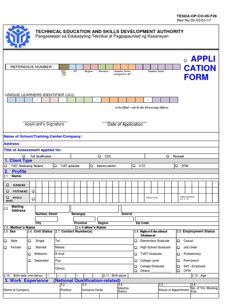 Appli Cation Form: Technical Education and Skills Development Authority ...