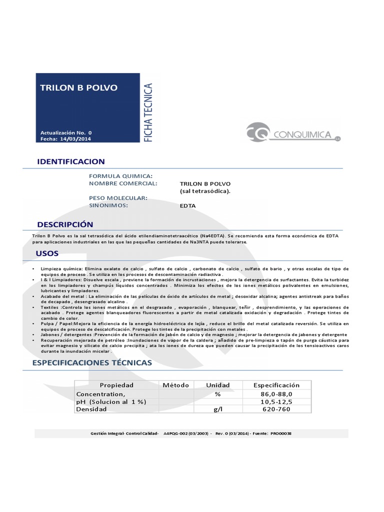 Tds Trilon B Polvo Conquimica | PDF | Tensioactivo | Detergente
