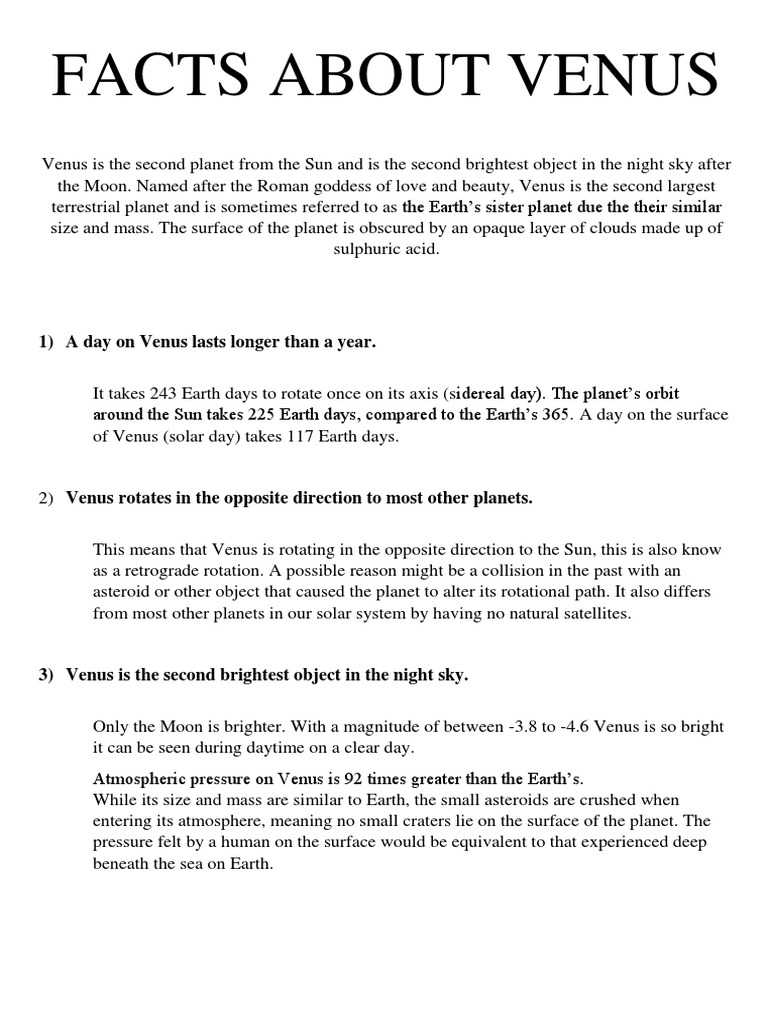 Facts About Venus: 1) A Day On Venus Lasts Longer Than A Year | PDF ...