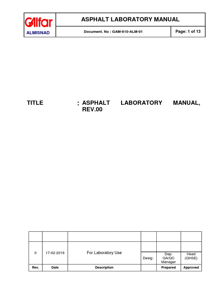 Asphalt Laboratory Quality Manual | PDF | Quality Assurance | Audit
