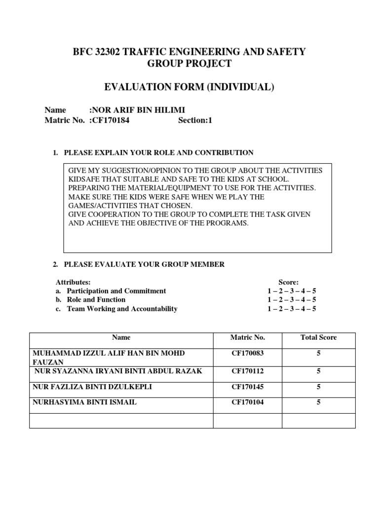 BFC 32302 Traffic Engineering and Safety Group Project Evaluation Form ...