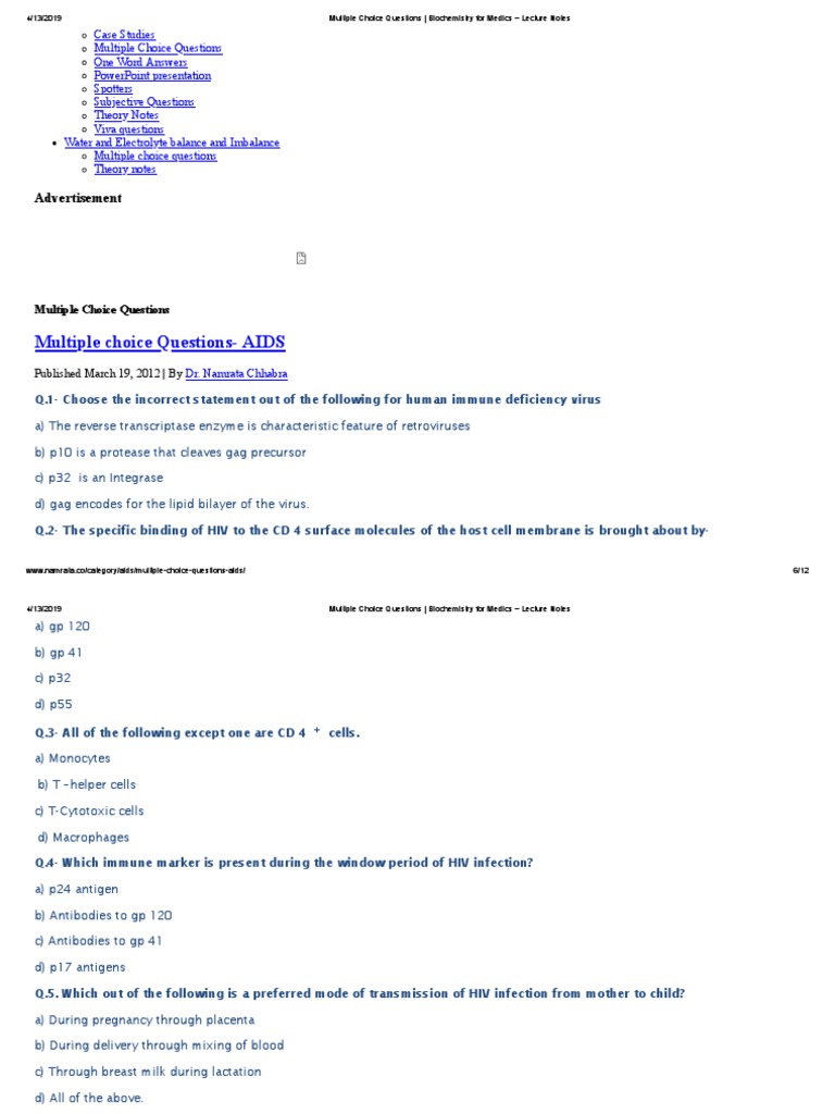 Hiv - Aids MCQ | PDF | Hiv | Management Of Hiv/Aids