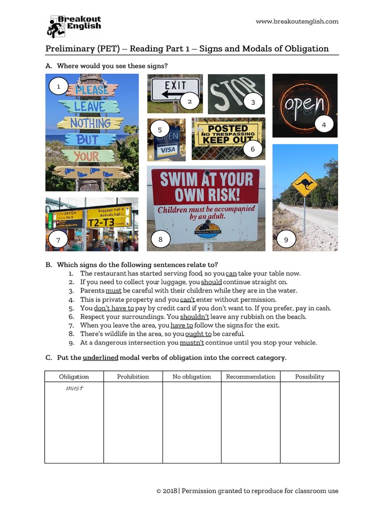 PET Reading Part 1 Signs and Modals of Obligation | PDF