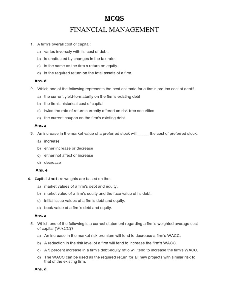 FM Mcqs | PDF | Cost Of Capital | Dividend