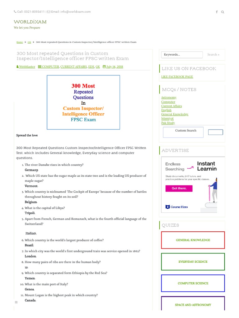 300 Most Repeated Questions in Custom Inspector - Intelligence Officer ...