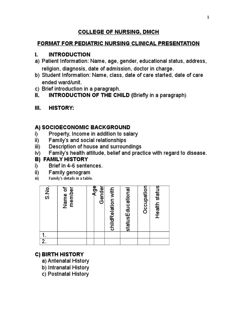 College of Nursing, DMCH Format For Pediatric Nursing Clinical ...