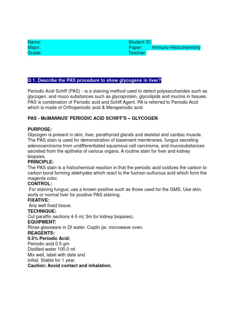 Q 1. Describe The PAS Procedure To Show Glycogens in Liver? | PDF ...