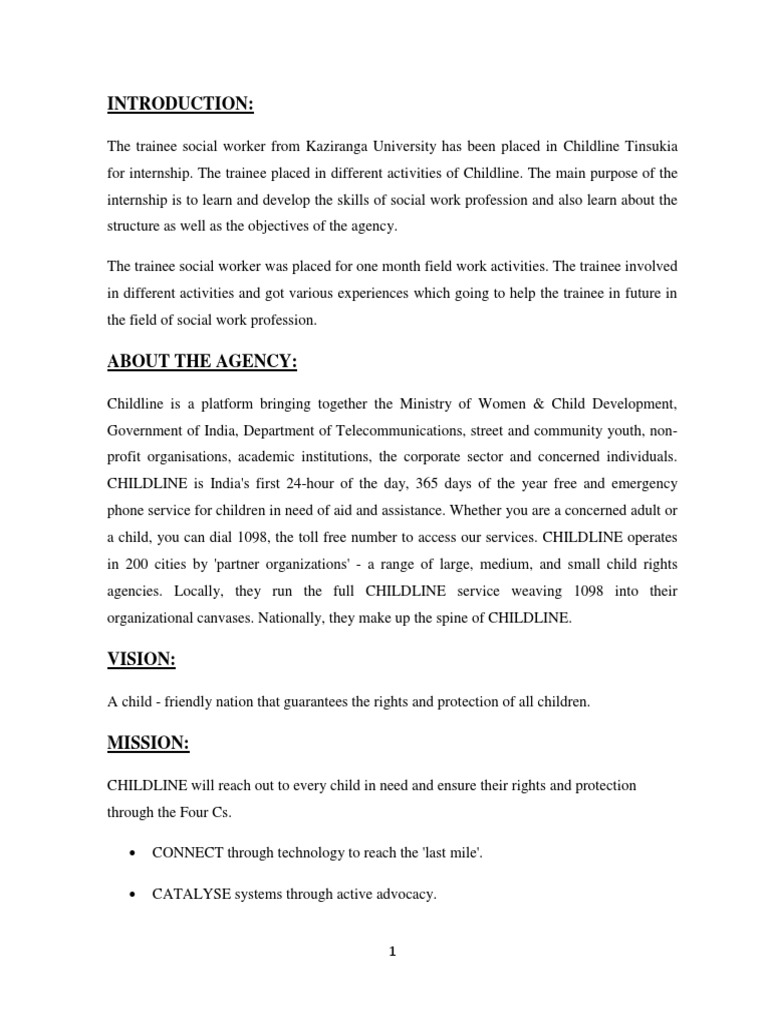 Internship Report On Childline, Tinsukia | PDF | Child Protective Services | Field Research
