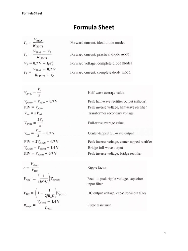 Basic Electronics - Formula Sheet | PDF