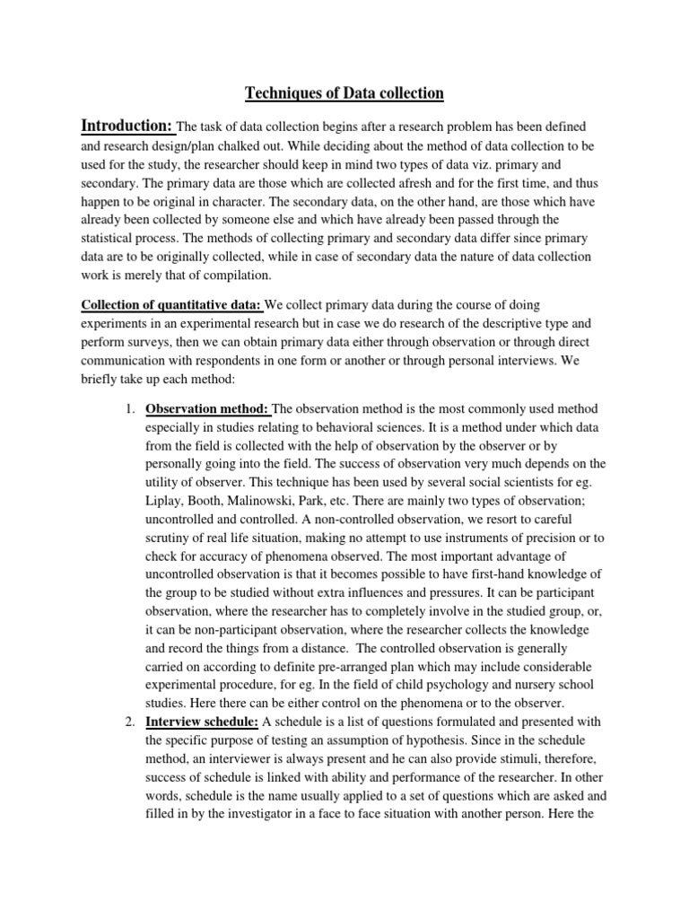 Techniques of Data Collection | PDF | Sampling (Statistics) | Observation