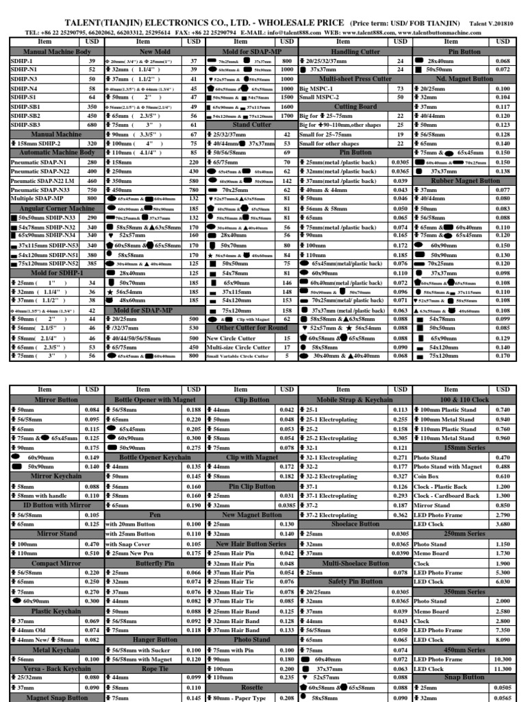 Talent Price List - V.201810 | PDF | Equipment