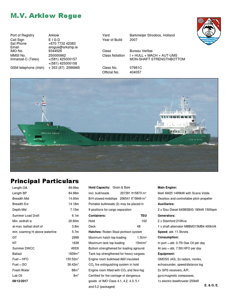 M.V. Arklow Rogue: Principal Particulars | Download Free PDF | Fuel Oil ...