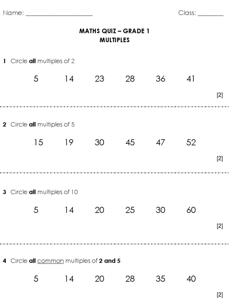 Maths Quiz - Grade 1 Multiples: 1 Circle All Multiples of 2 | PDF