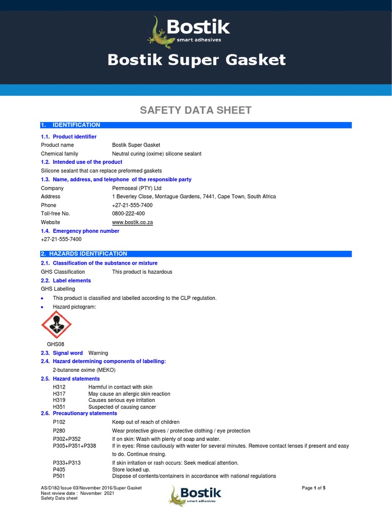 Bostik Super Gasket: Safety Data Sheet | PDF | Personal Protective ...