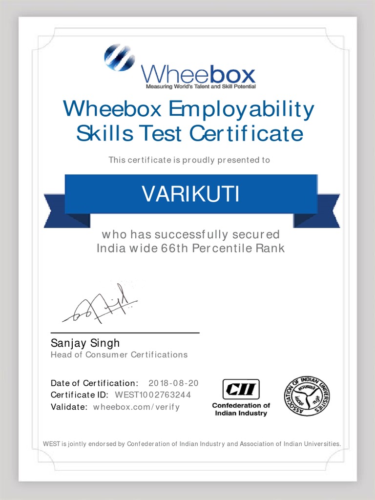 Wheebox Employability Skills Test Certificate: Varikuti | PDF
