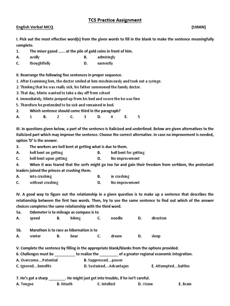 Tcs Practice Assignment English Verbal Mcq Pdf Pointer Computer Programming Subroutine