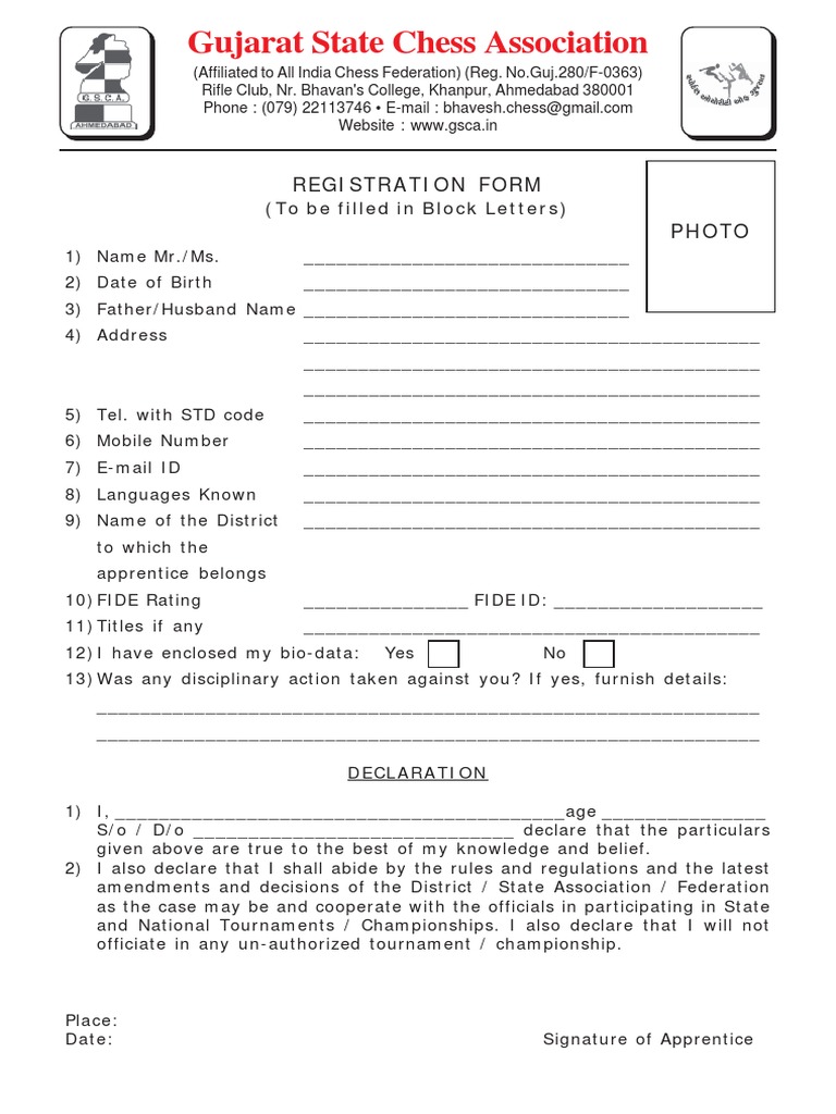 Gujarat State Chess Association: Registration Form Photo | PDF | Government