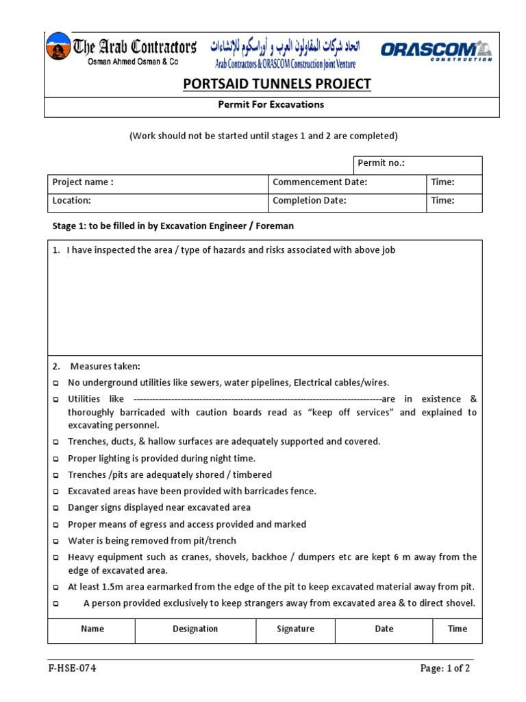 074-Permit For Excavations | PDF | Excavation (Archaeology) | Trench