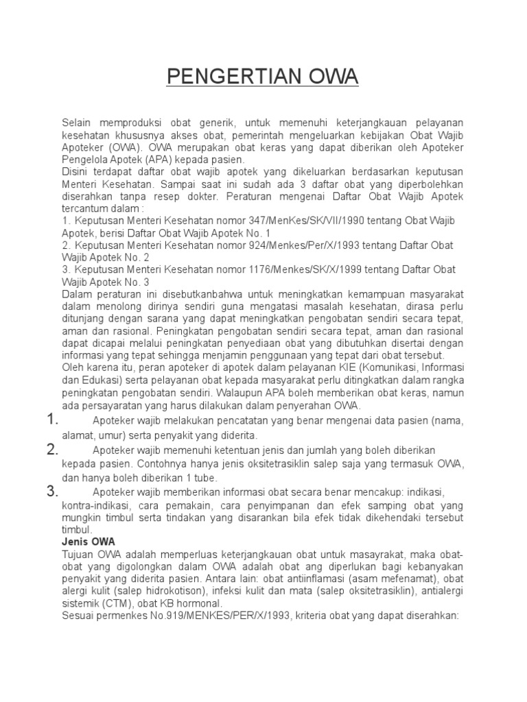 Pengertian Obat Wajib Apotek Obat Wajib Apoteker OWA OWA Merupakan Obat Keras Yang Dapat ...