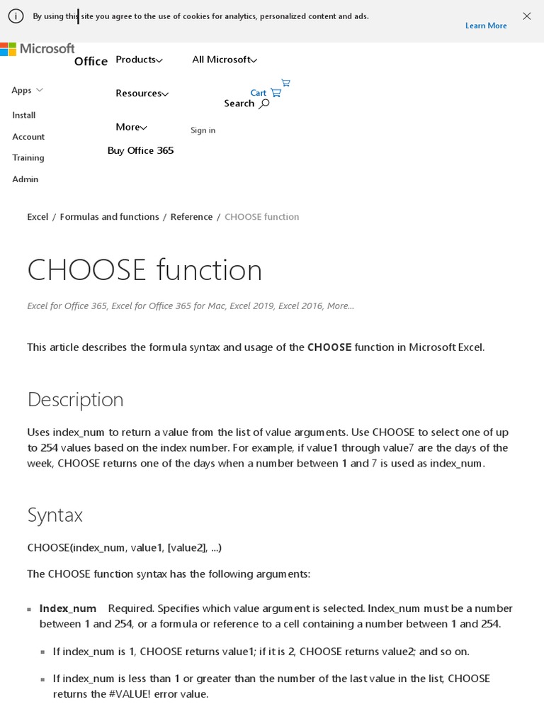 CHOOSE Function: Description | PDF | Microsoft | Office 365