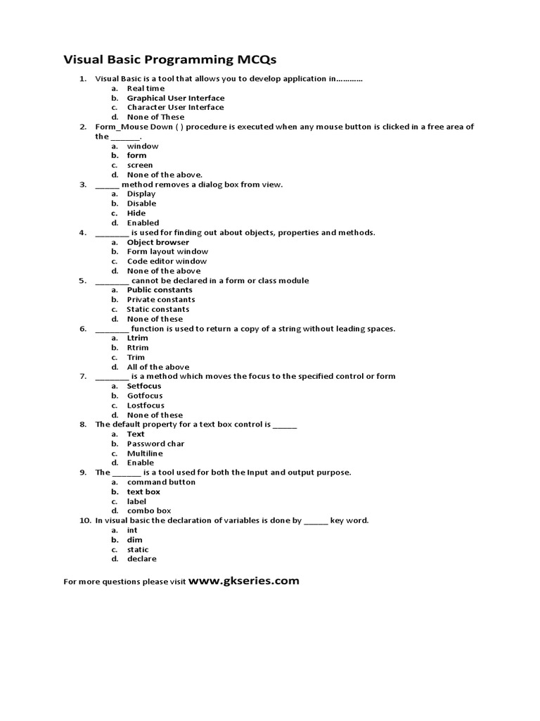 Visual Basic Mcqs | PDF