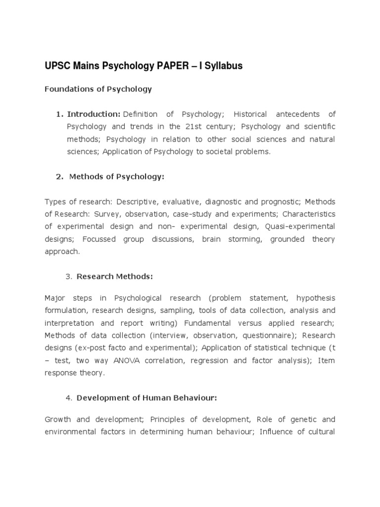 UPSC Psychology Syllabus | PDF | Mental Disorder | Psychology