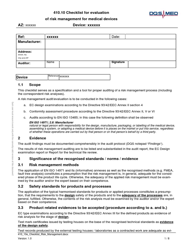 410 10e Checklist Risk Management | PDF | Medical Device | Risk Management