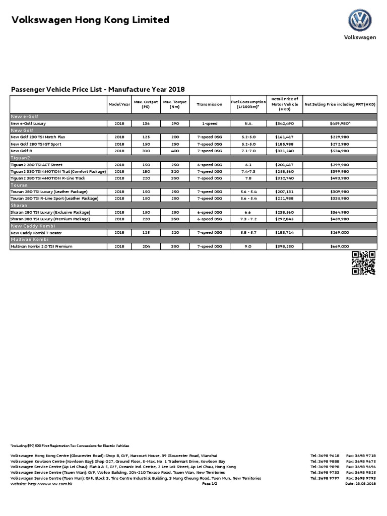 2018 Volkswagen Price List-20180323 | PDF | Private Transport ...