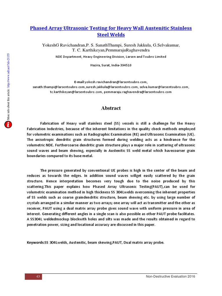 Phased Array Ultrasonic Testing of Heavy Wall Austenitic Stainless ...