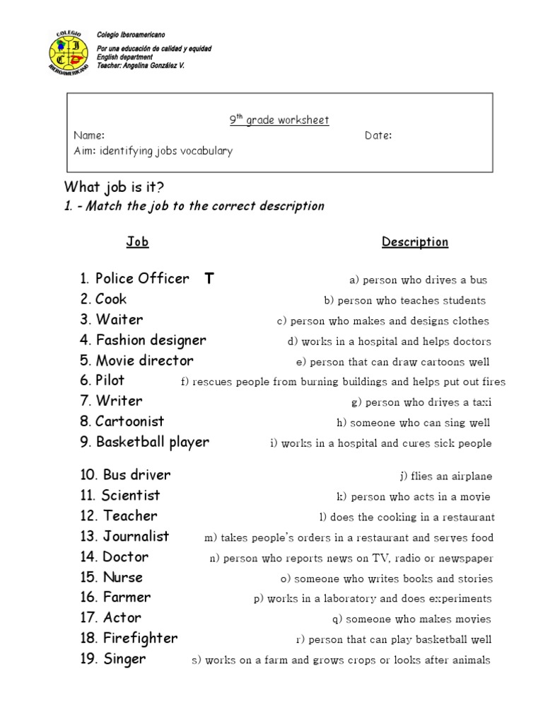 9th Grade Worksheet - Identifying Jobs Vocabulary | PDF | Business