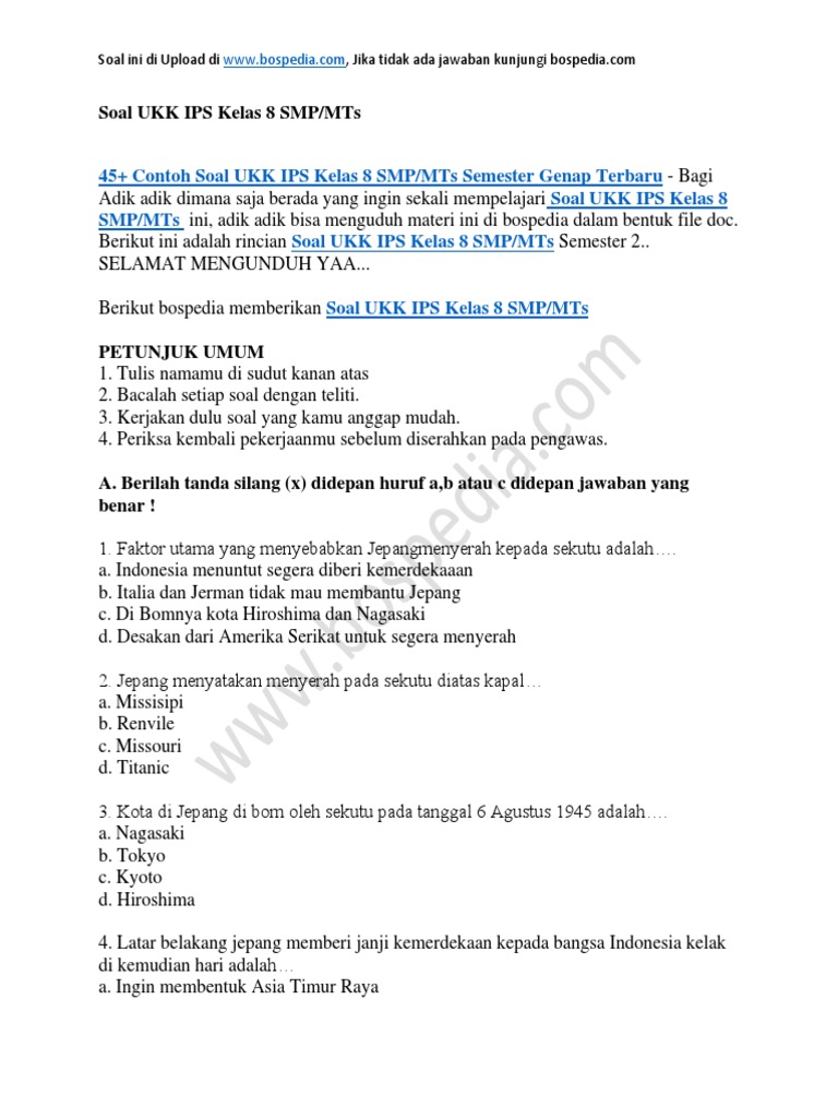 45+ Contoh Soal UKK IPS Kelas 8 SMP MTs Semester Genap | PDF