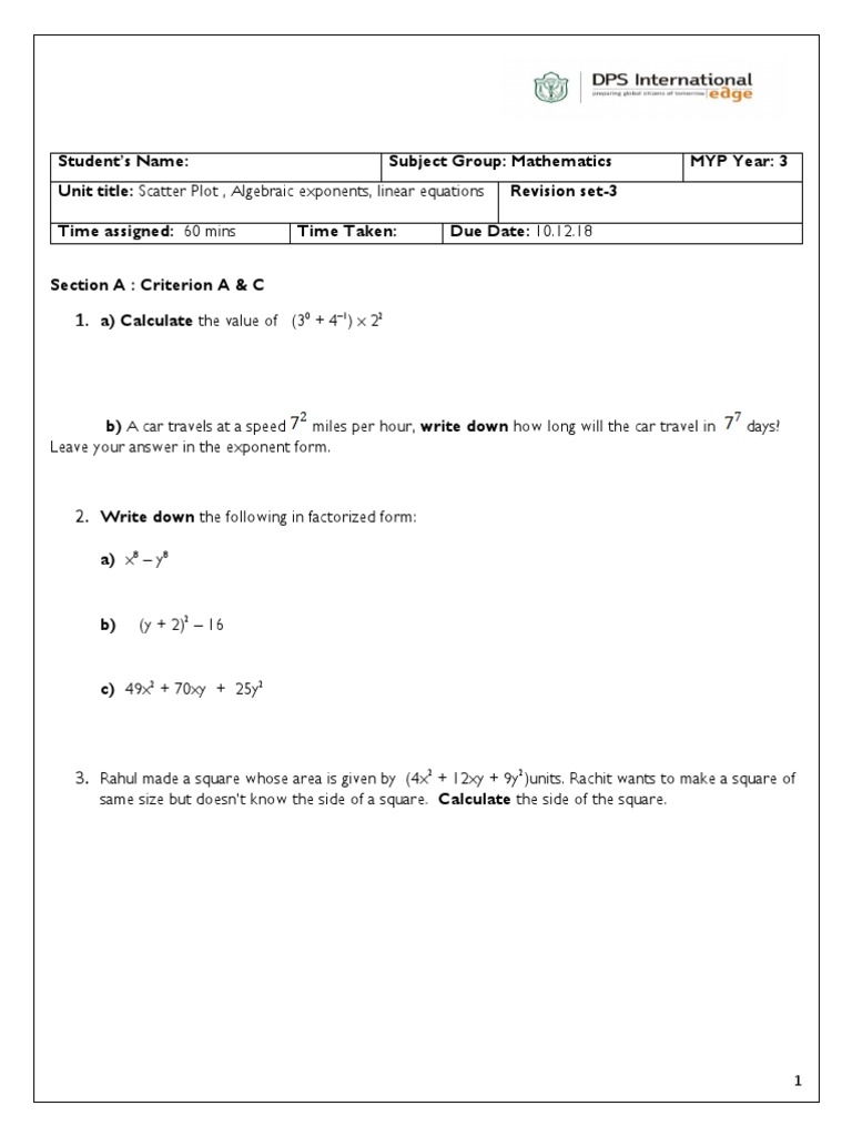Math Task Sheet 19 - MYP 3 - 07.12.18 | PDF | Exponentiation | Equations