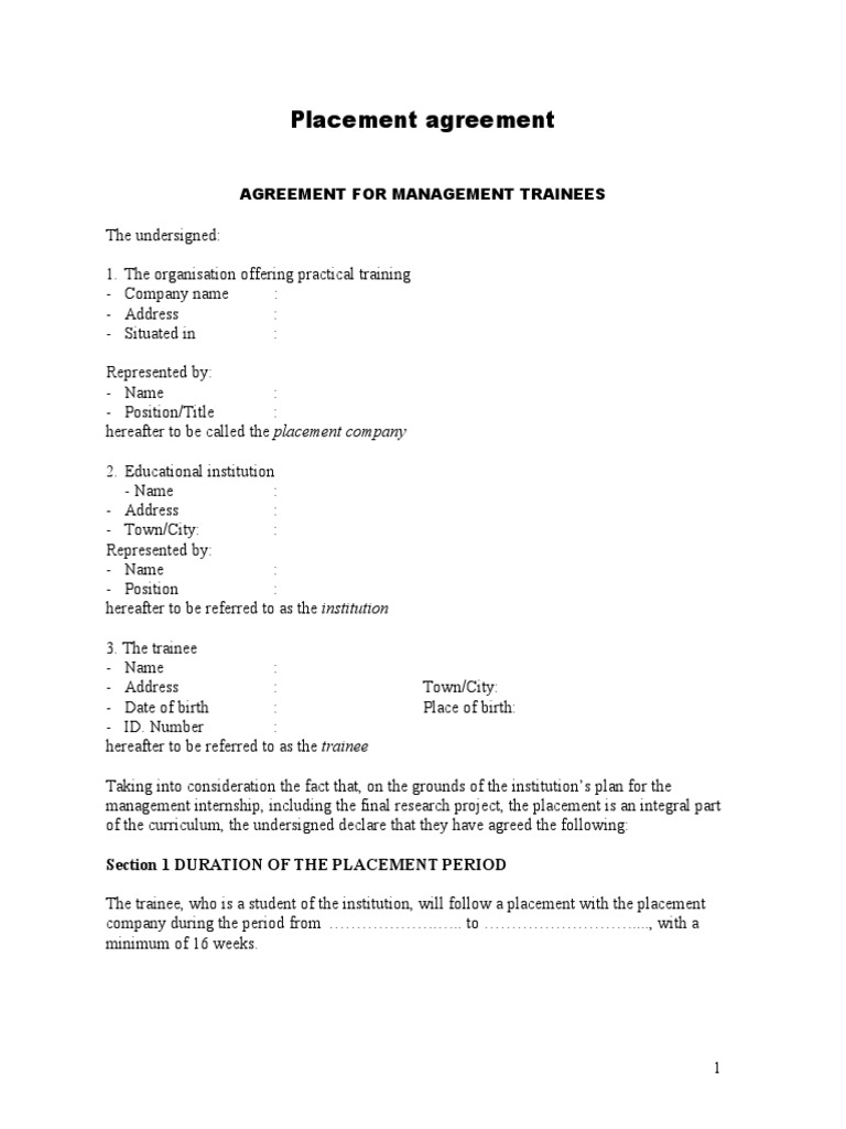 Placement Agreement: Agreement For Management Trainees | PDF ...