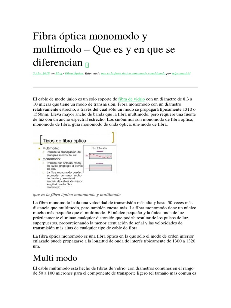 Diferencias entre fibra monomodo y multimodo | PDF | Fibra óptica | Óptica