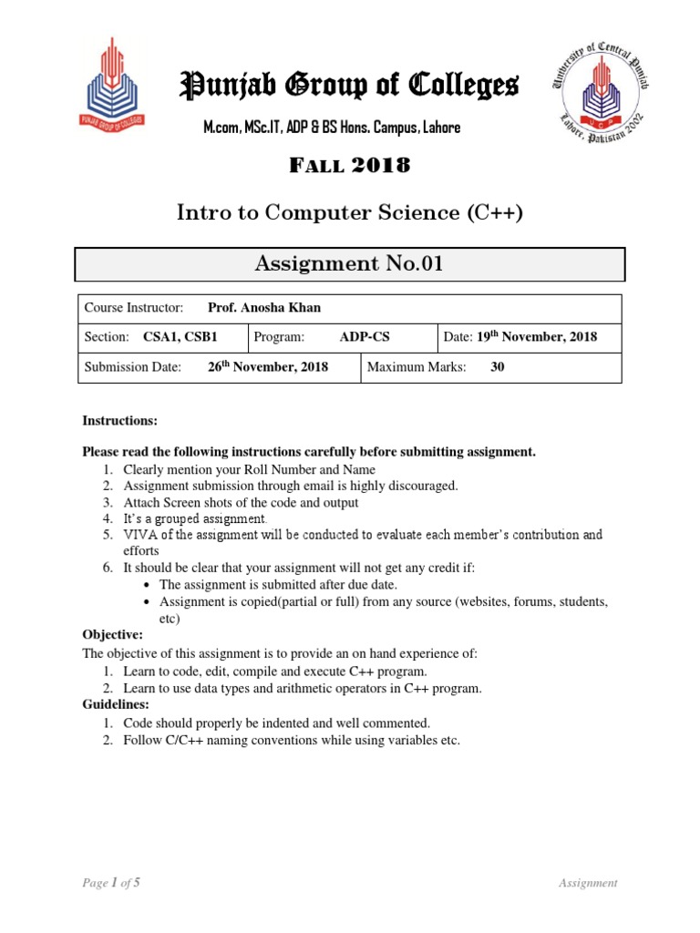 Punjab Group of Colleges: Intro To Computer Science (C++) Assignment No.01 | PDF | Integer ...