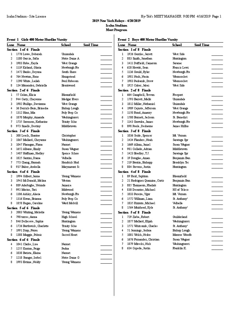 2019 New York Relay Heat Sheets | PDF | Sports