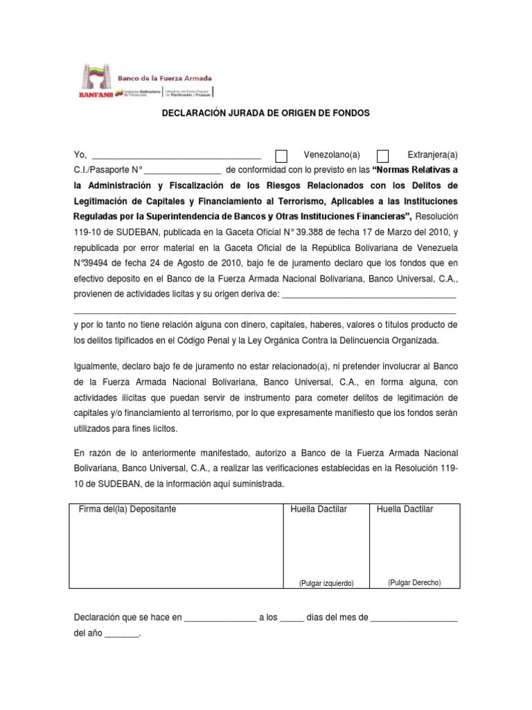 Declaración Jurada de Origen de Fondos | PDF Declaración Jurada de Origen de Fondos | PDF