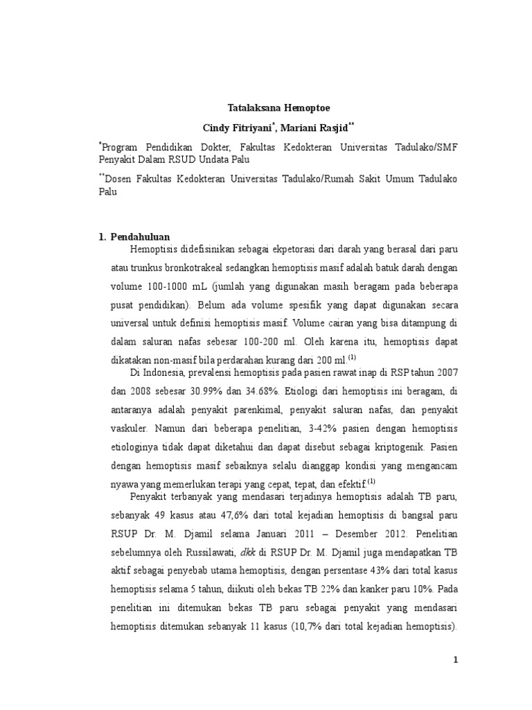 Tatalaksana Hemoptoe: Diagnosis dan Penanganan Hemoptisis | PDF