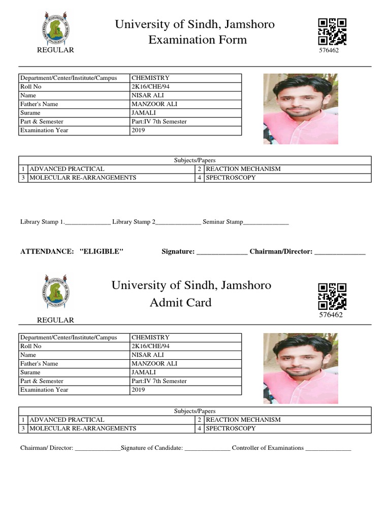University of Sindh, Jamshoro Examination Form: Regular | PDF