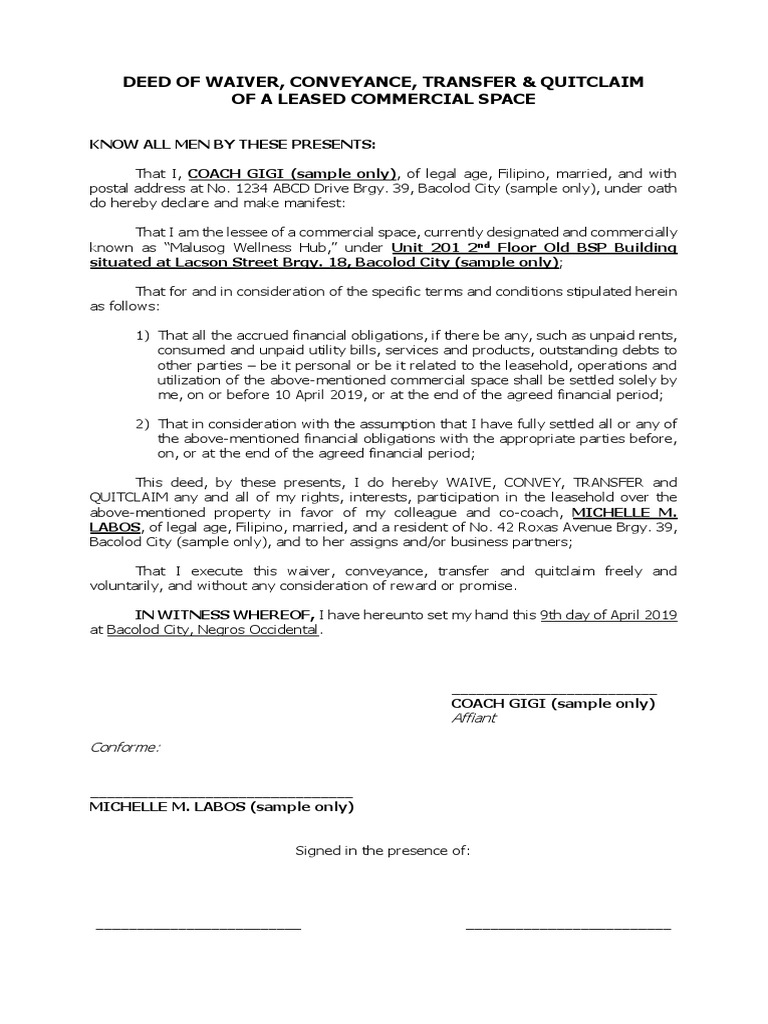 Deed of Waiver, Conveyance, Transfer & Quitclaim of A Leased Commercial Space | PDF