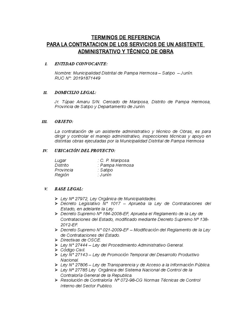 TDR - Asistente Administrativo y de Obras | PDF | Regulación | Información del gobierno