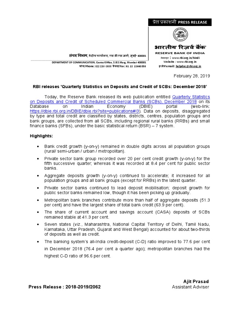 Rbi Releases 'Quarterly Statistics On Deposits and Credit of SCBS ...