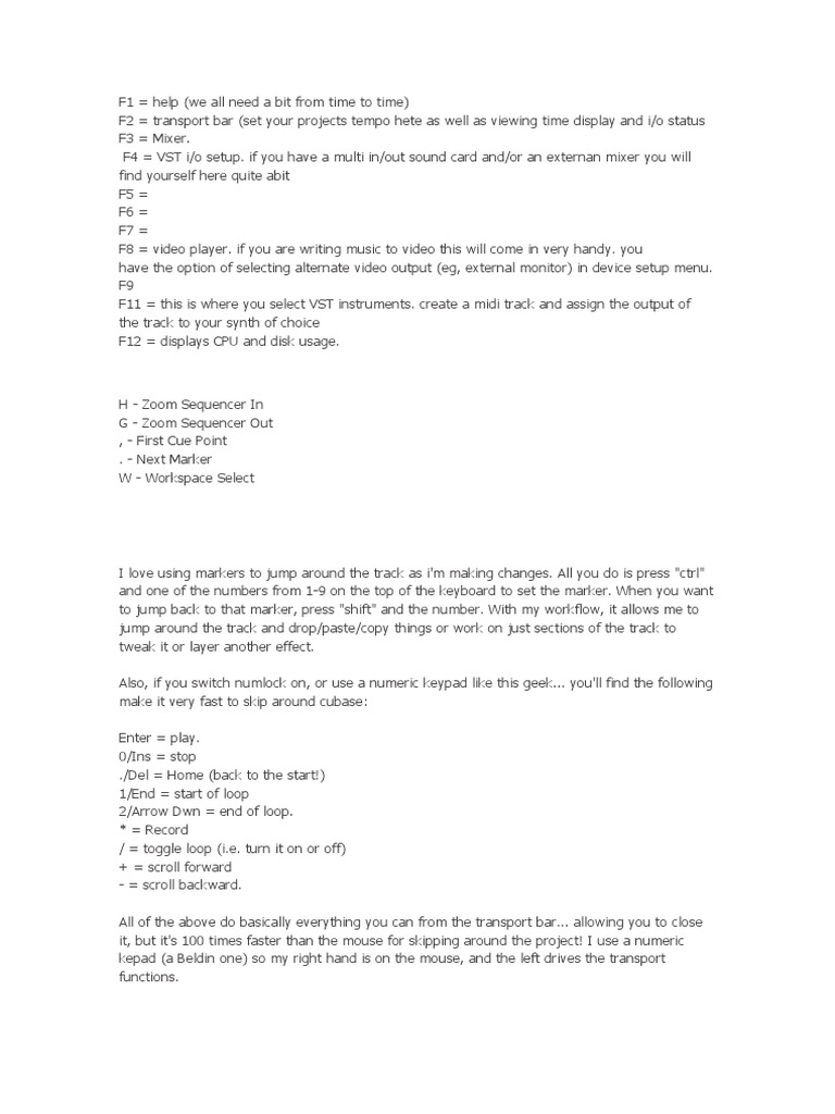 Cubase Shortcuts Guide | PDF | Cursor (User Interface) | Computing
