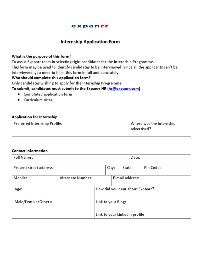 Expanrr Internship Application Form | Download Free PDF | Internship ...