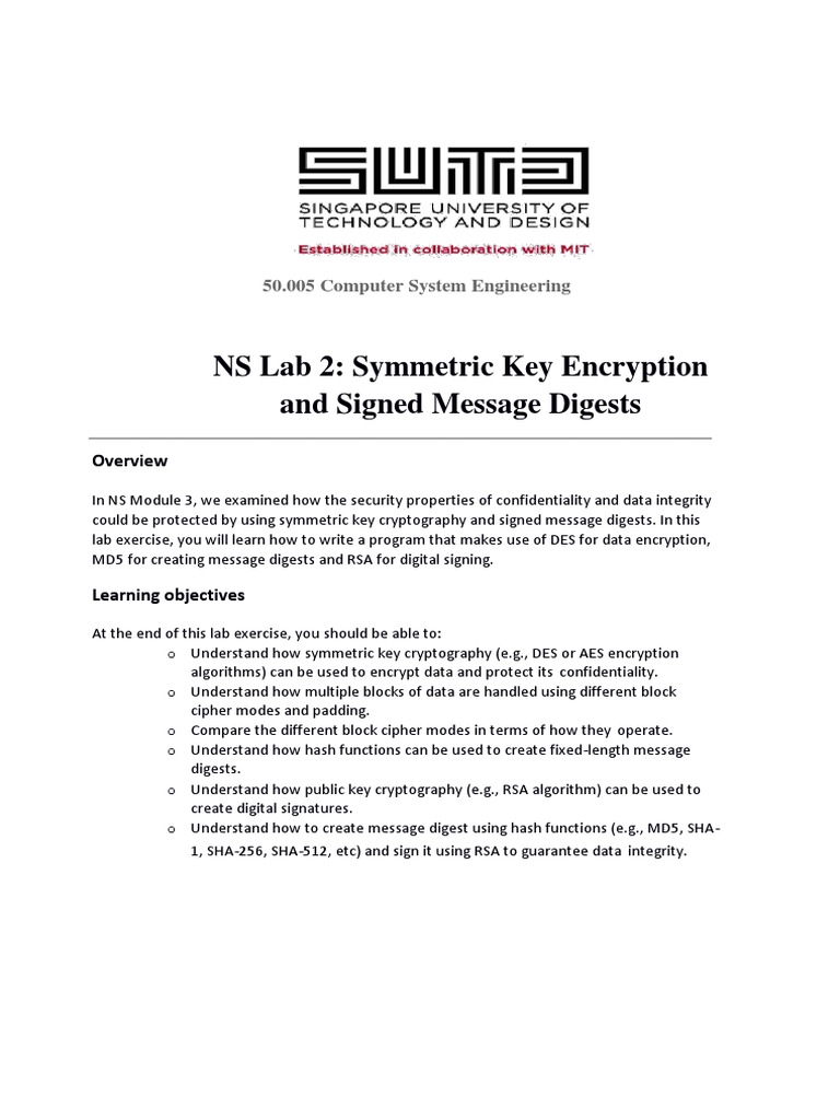 NS Lab 2: Symmetric Key Encryption and Signed Message Digests | Download Free PDF | Cryptography ...